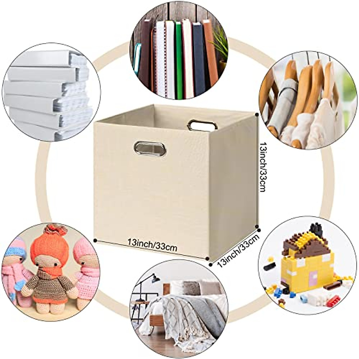 6 Pcs Fabric Storage Cubes 13x13x13 Cube Storage Bins with Metal Handle Collapsible Cube Storage Organizer Bins Basket Storage Square Basket for Organizing Shelf Cabinet Bookcase Boxes (Beige)