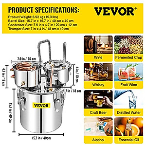 VEVOR Alcohol Still, 13.2Gal / 50L Stainless Steel Water Alcohol Distiller Copper Tube Home Brewing Kit Build-in Thermometer for DIY Whisky Wine Brandy, Silver