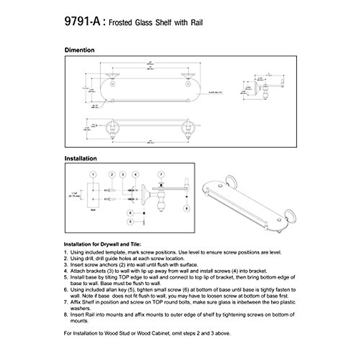 MODONA 20" Frosted Glass Shelf with Pre-Installed Rail - White Porcelain & Chrome - Arora Series - 5 Year Warrantee
