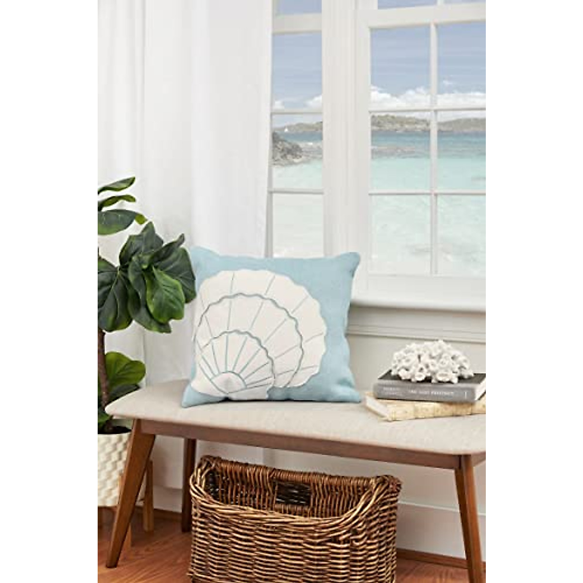 C&F Home Shell Burlap Applique Throw Pillow Blue Off White Coastal Tropical Ocean Sea Life Design Handcrafted Cotton Applique Pillow 18" x 18" Blue