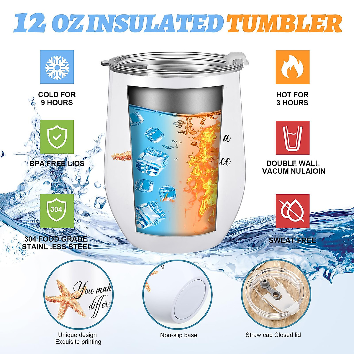 5 Pcs Employee Appreciation Gift Set, 12 oz Stainless Steel Wine Tumbler Canvas Tote Bag Makeup Bag Starfish Inspirational Card with Gift Box for Women Graduation Teacher Nurse Secretary Assistant