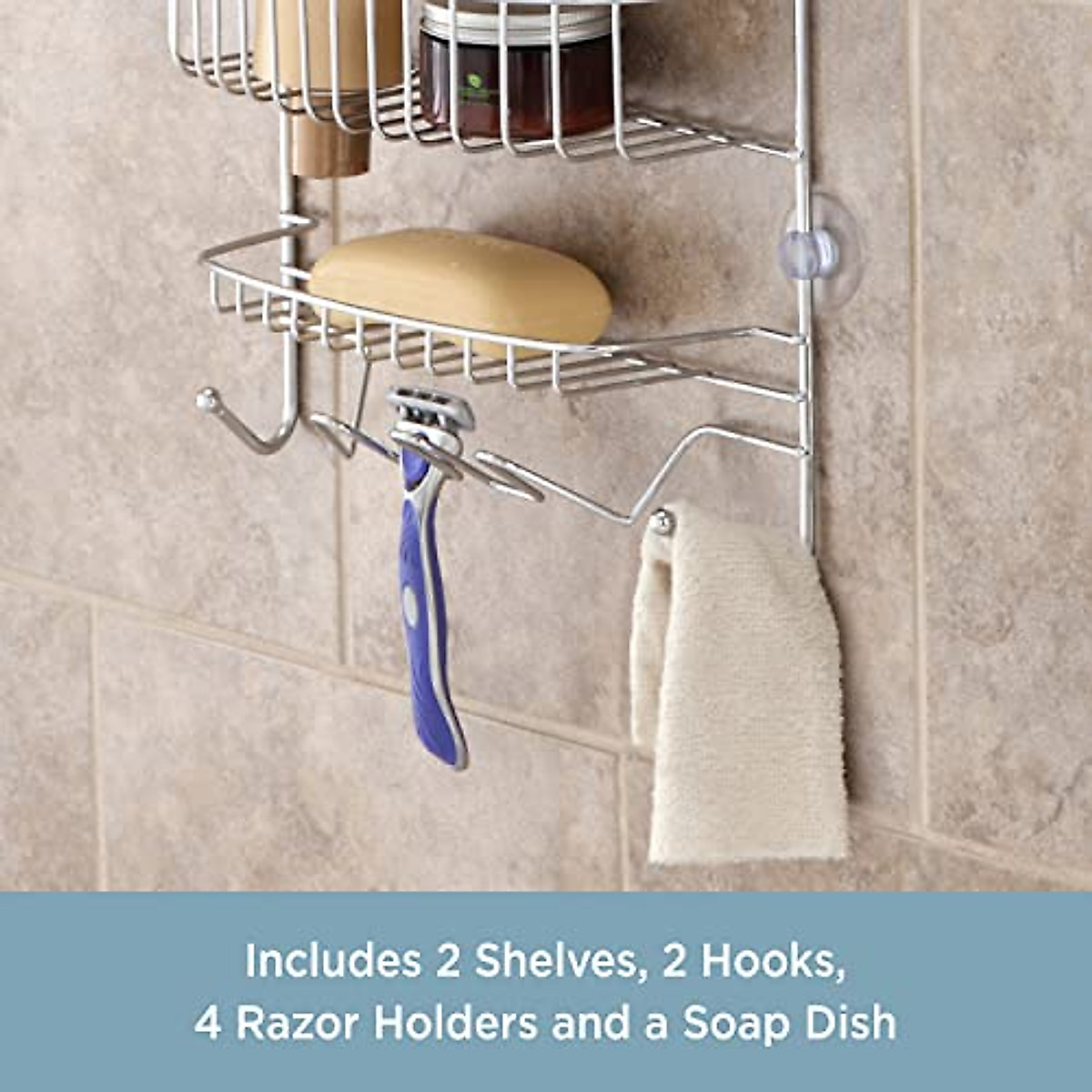 Kenney Rust-Resistant Heavy Duty 3-Tier Large Hanging Shower Caddy with Suction Cups and Four Razor Holders, Chrome