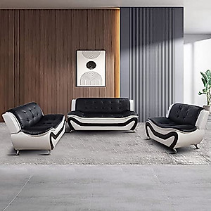 HOMVET Faux Leather 3 Piece-Modern Sofa,Couch Set for Living Room,Black & White