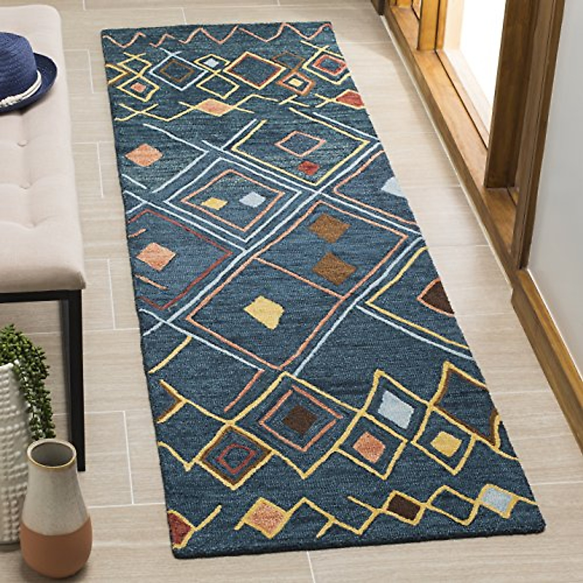 SAFAVIEH Suzani Collection Runner Rug - 2'3" x 12', Dark Blue & Multi, Hand-Hooked Moroccan Boho Wool, Ideal for High Traffic Areas in Living Room, Bedroom (SZN314A)