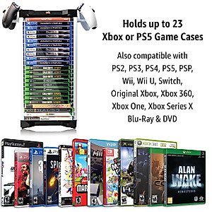 ADZ Universal Game Holder – 23 Game Storage Tower Rack for PS2 PS3 PS4 PS5 PSP Xbox 360 Xbox One Series X Wii Switch Games DVD and Blu-Ray Disks. Includes 2 Controller Mounts