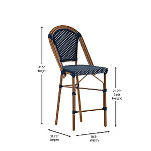 EMMA + OLIVER Soie Bistro Counter Stool - Stacking Indoor/Outdoor PE Rattan Counter Stool with Bamboo Finish Frame - 26" High - Set of Two - Navy/White