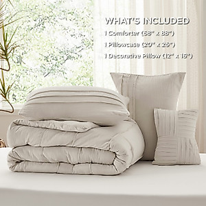 Bedsure Twin Comforter Set - 3 Pieces Pinch Pleat Bed Set, Beige Boho Bedding for All Season, 1 Soft Comforter, 1 Pillowcase, 1 Decorative Pillow