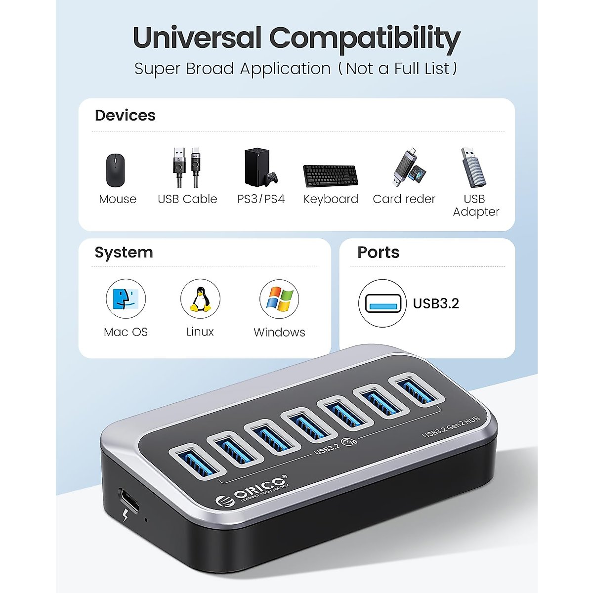 ORICO USB 3.0 Hub [5Gbps], 7 Port USB Hub with 1.64Ft USB-C Cable and USB-A Adapter, USB 3.2 Gen1 Splitter for iMac, All MacBooks, Mac Mini