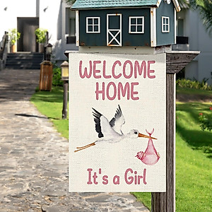 DLZDN Welcome Home Baby Girl Garden Flag Baby Shower Garden Flag 12×18 Inch Double Sided Burlap Flag Newborn Gender Reveal Lawn Yard Sign Stork Outdoor Decoration