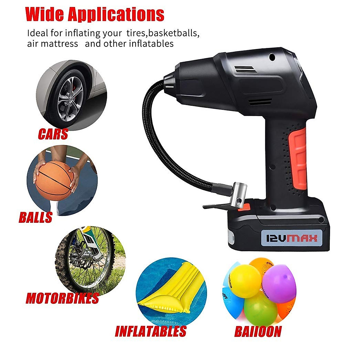 Cordless Air Compressor Portable Tire Inflator Pump with Digital LED lights and 2000mah Rechargeable Li-ion,suitable for Car,Bicycle,Air Mattress,Inflatable Airbed