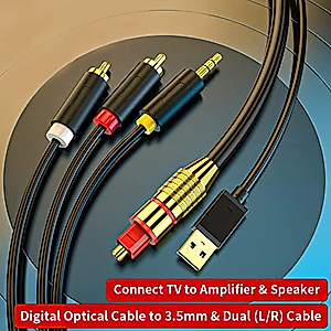 Edtran Digital Optical Audio Cable Toslink Cable - [24K Gold-Plated] Fiber Optic Male to Dual RCA & 3.5mm W/USB Power Supply for Home Theater, Sound Bar (5 Feet) (5Feet)