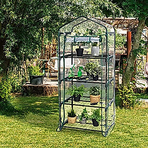 Renatone 4 Tier Mini Greenhouse, Portable Gardening Tent with Weatherproof PE Cover, Zippered Roll-up Door, Steel Frame, Outdoor Garden Greenhouse for Backyard Balcony Patio (Clear)