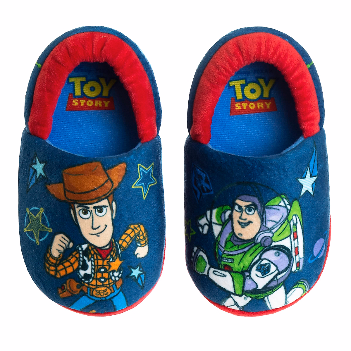 Disney Toy Story Slippers - Buzz Lightyear and Sheriff Woody Fuzzy PJ House Shoes - Boys Pajama Indoor Warm Slipper - Navy Blue/Red (size 9-10 Toddler)