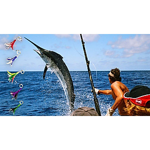 XMWangzi Trolling Feather Fishing Lures Saltwater, Fishing Tackle Deep Sea Head Octopus Trolling Skirts, Fluke Rig Squid Lures, Fishing Teasers for Marlin Tuna (5 Pcs in 5 Colors)