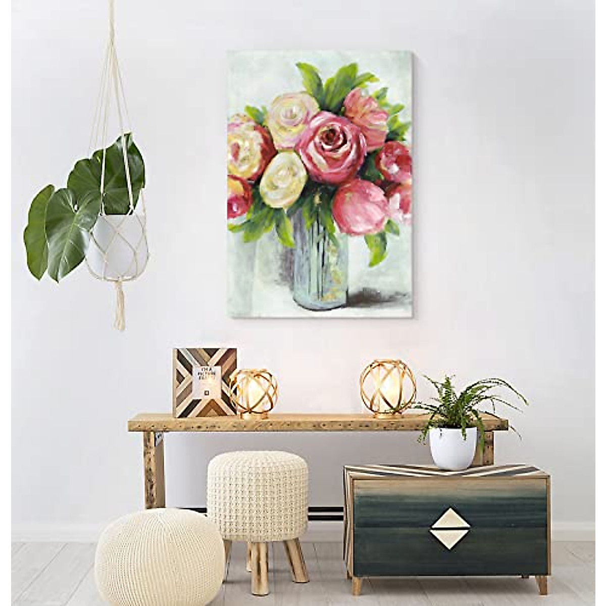 Yuegit Flower Pictures for Living Room Wall Decoration, Pink Floral Canvas Paintings Wall Art Green Plant Botanical Wall Art Framed for Bedroom Wall Decor Ready to Hang 24X36 Inch