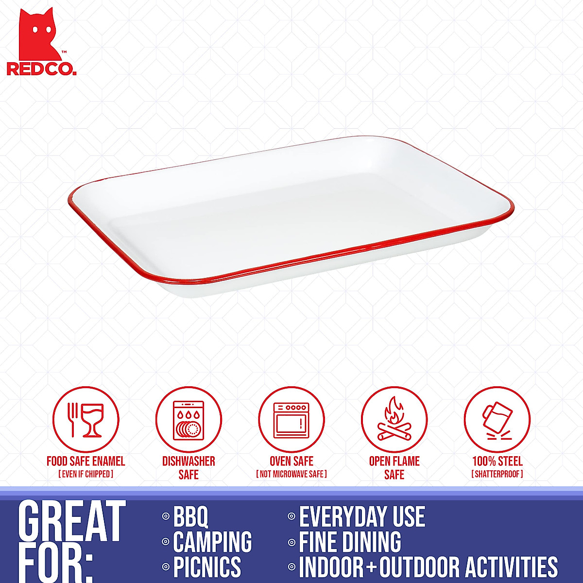 Red Co. 13.5” x 10” Enamelware Metal Classic 1.6-Quart Rectangular Serving Tray, Solid White/Red Rim