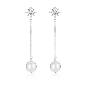 ACECHA Long Pearl Drop Dangle Earrings for Women White Gold Plated Chain Earrings Jewelry for Wedding