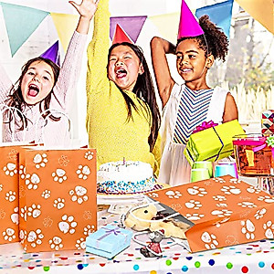 Blulu 20 Pcs Puppy Dog Paw Print Gift Bags with Paper Twist Handles, Dog Gift Bags Paper Paw Print Treat Goodie Bags for PET Treat Party Favor, 6.3 x 3.1 x 8.6 Inch (Orange Backing)