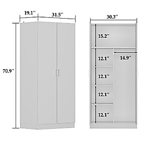 ECACAD Wardrobe Armoire with 5 Shelves, Hanging Rod & 2 Doors, Wooden Closet Storage Cabinet for Bedroom, White (31.5”W x 19.1”D x 70.9”H)