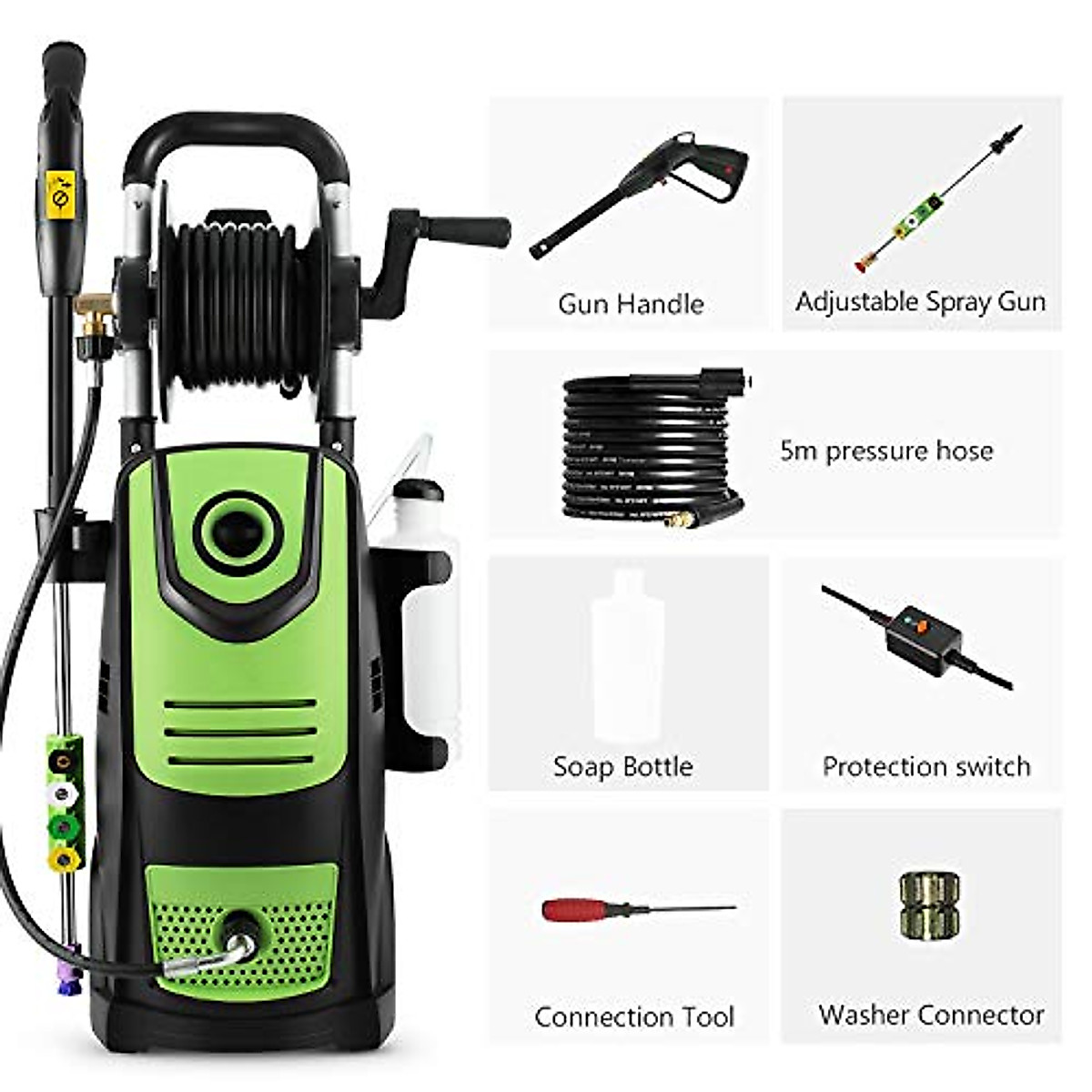 Electric Pressure Washer Suyncll Power Washer 1800W High Pressure Washer, Professional Washer Cleaner with 5 Interchangeable Nozzle & Hose Reel, Best for Cleaning Patio, Garden,Yard Green