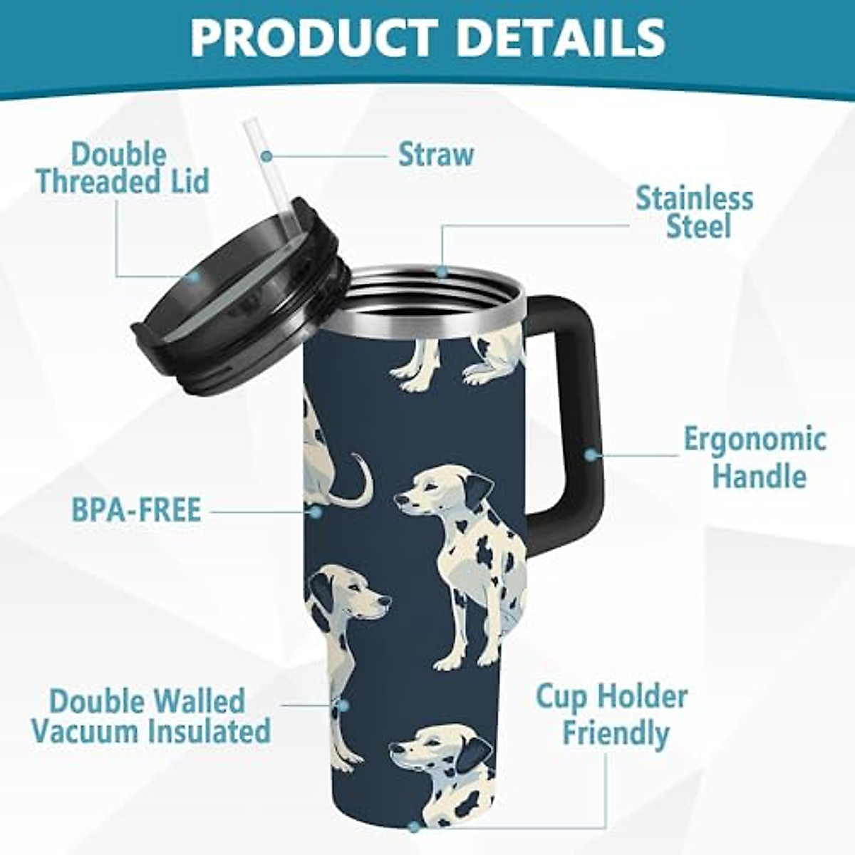 FRCSDIY Cartoon Dogs Insulated Tumbler with Handle and Straw Lid,40oz Leakproof Stainless Steel Cup BPA-Free Water Bottle