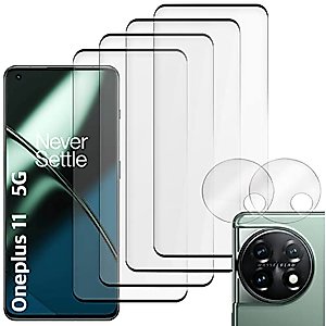 [4+2] (4 Edge Glue Tempered glass (Not full glue) + 2 Lens protector) for Oneplus 11 5G 2023 TUFF STONE Easy to Install Double Tempered glass screen protector Scratch Resistant Full Coverage adhesive