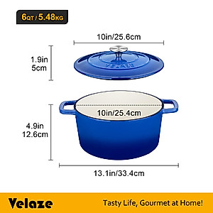 Velaze 6 QT Enameled Dutch Oven Pot with Lid, Cast Iron Dutch Oven with Dual Handles for Sourdough Bread Baking, Cooking, Non-stick Enamel Coated Cookware (Blue)