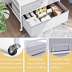 Alavoco 2 Drawer Dresser, 120LBS Fabric Storage Tower, 2 Drawer Storage Cart, Mini Fridge Stand with Storage, Metal Frame Iron Top, 4 Swivel Wheels for Home Kitchen, White