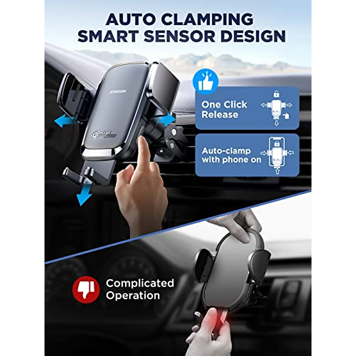 [Upgraded Version] Wireless Car Charger, 15W Qi Smart Fast Charging, JOYROOM Car Phone Holder Mount Wireless Charging, Auto-Clamping Charging Cell Phone Mount for iPhone, Samsung, Galaxy, LG, Google