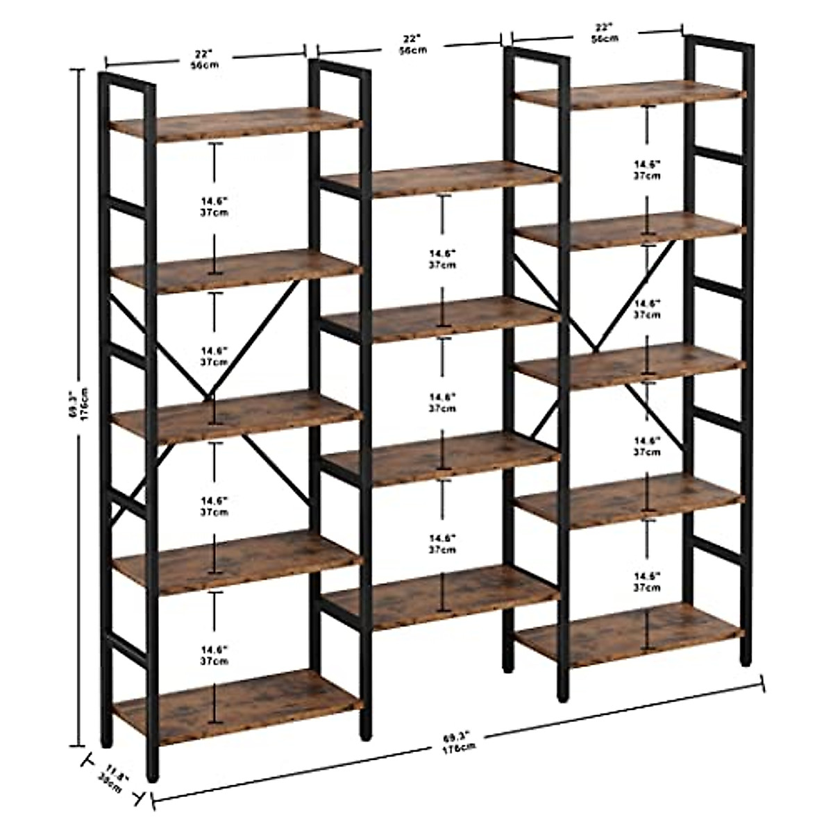 IRONCK Bookcases and Bookshelves Triple Wide 5 Tiers Industrial Bookshelf, Large Etagere Bookshelf Open Display Shelves with Metal Frame for Living Room Bedroom Home Office