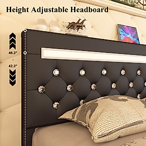 Kallabe Bed Frame Queen Size with Headboard, LED Leather Bed Frame Queen, Upholstered Platform Bed with USB Ports & Socket, APP Control, No Box Spring Needed, Black, TMY-US1015815-5