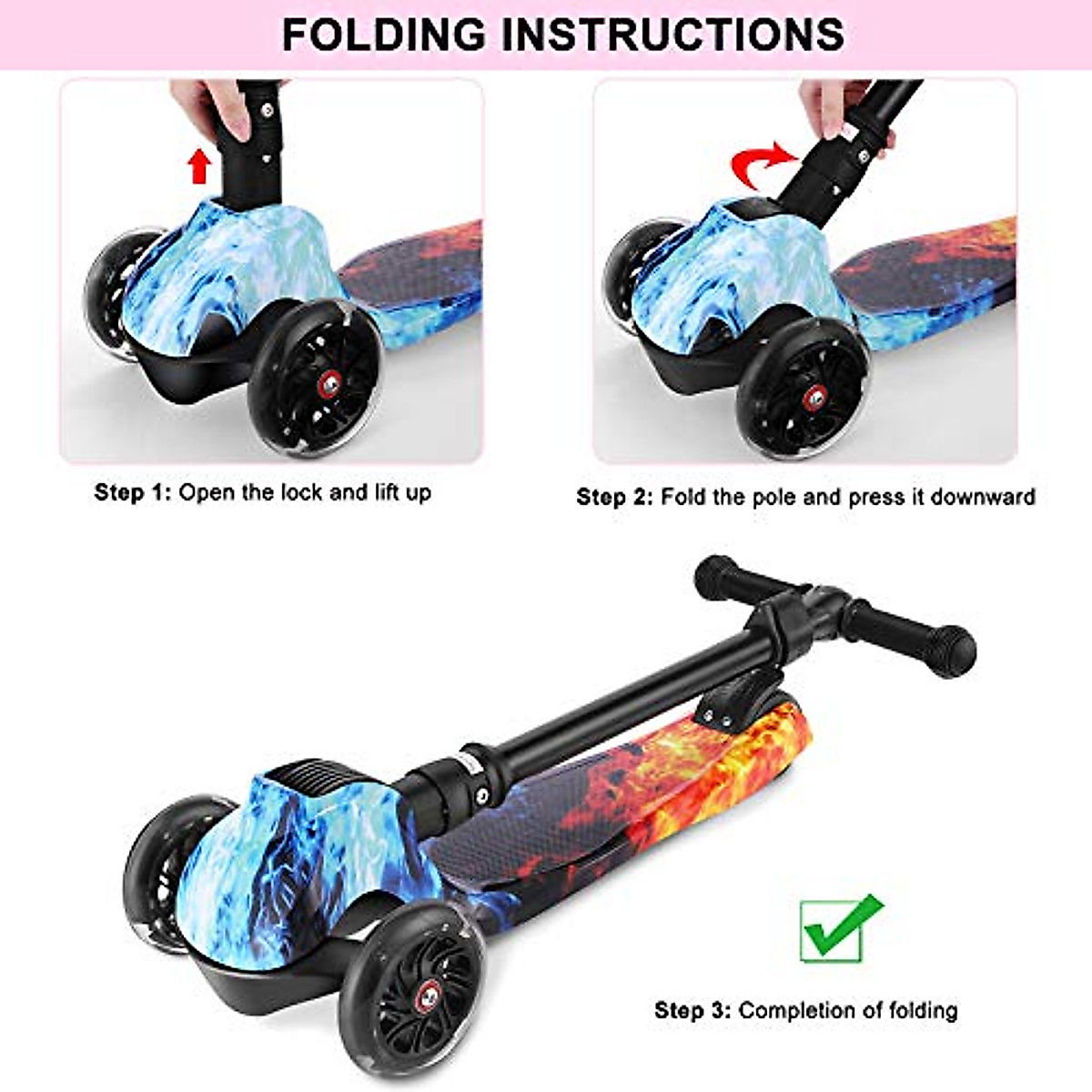 WeSkate Scooters for Kids, Foldable Scooter for Toddlers Girls & Boys, LED Lights Up 3 Wheels Scooter Adjustable Height, Lean to Steer, Great Gifts for Children Ages 3-12