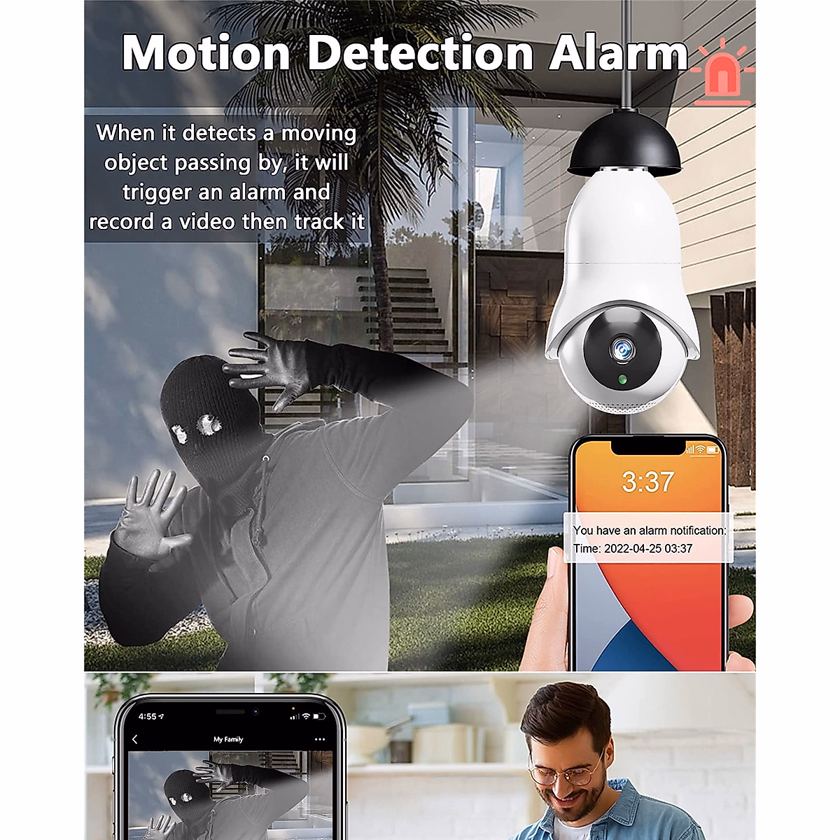 bluedery Light Bulb Camera 2.4GHz & 5G WiFi, 1080P E27 Light Bulb Camera Security Camera, Indoor 360°Home Security Cameras, Full Color Day and Night, Smart Motion Detection, Two-Way Audio