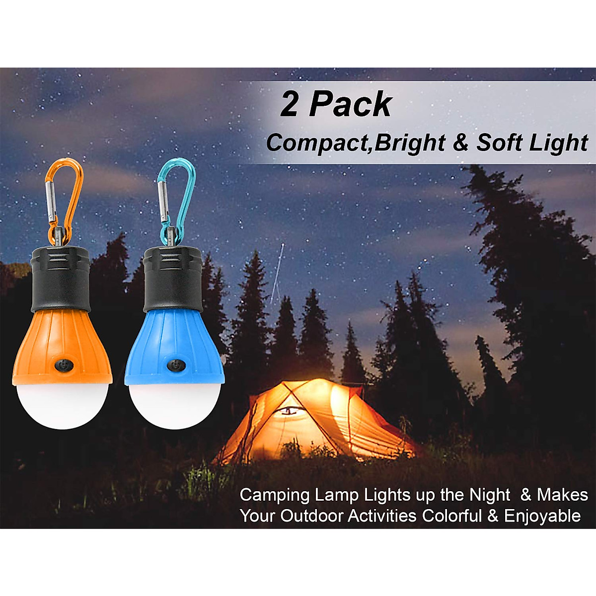 Home-X LED Camping Lights, Power Outage Supplies, Indoor/Outdoor Battery-Operated LED Lights with Hooks, Set of 2, Each 5" L x 2 ¾” W x 2 ¾” H, 1 Blue, 1 Orange
