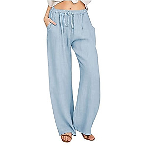 Capri Pants for Women Casual 2023 Summer Drawstring Elastic High Waist Linen Pant Straight Wide Leg Cropped Trouser high Waisted Wide Leg Pants Sky Blue XL