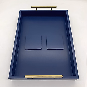 Simoei Serving Tray, Deluxe Tray for Coffee Table with Polished Gold Metal Handles and 2 Coasters, Living Room Bathroom Organizer Modern Decorative Tray, for Storage Or Display (Blue)