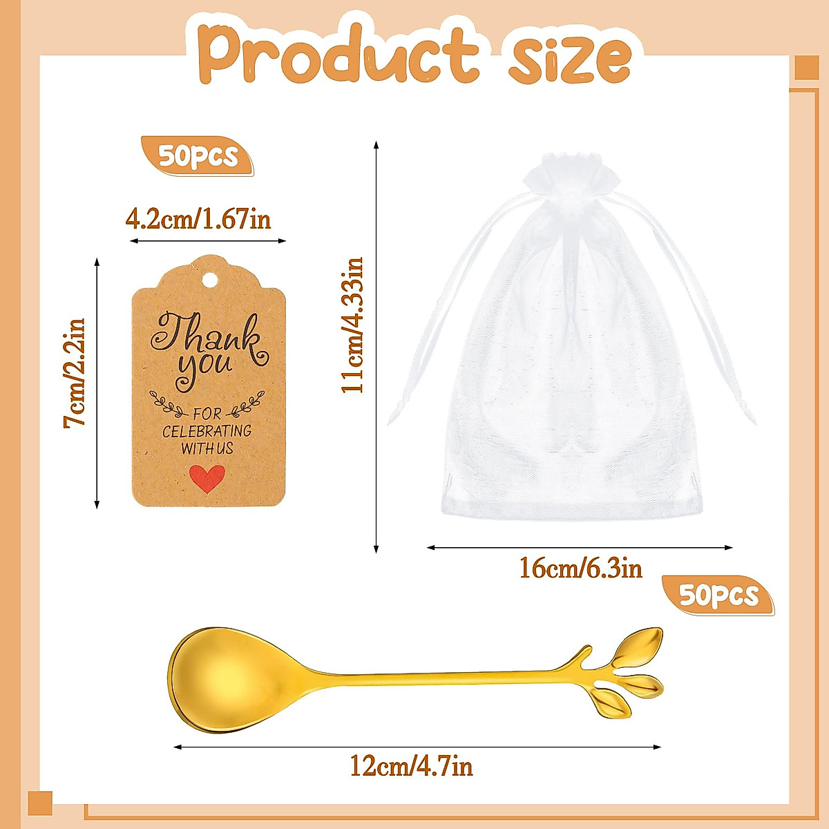 Dandat 50 Sets Wedding Tea Spoon Favor Bulk Include Leaf Coffee Spoon Gold Creative Tableware Dessert Spoons Stainless Steel Demitasse Spoons Mini Bags Labels for Baby Shower Party Bridal Shower Gift