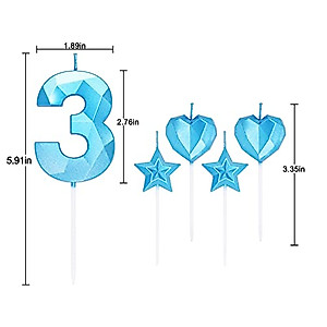 Blue Number 3 Candles and Star Heart Candles 2.76 inch Number Candles for Birthday Cakes 3D Diamond Shaped for Cake Decorations(Blue Candle 3)