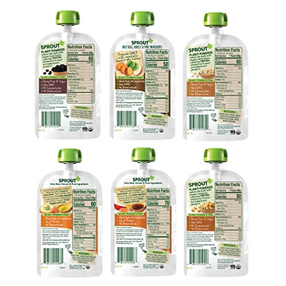 Sprout Organic Baby Food, Stage 2 Pouches, 6 Flavor Fruit & Veggie Variety Pack, 3.5 Oz Purees (Pack of 12)