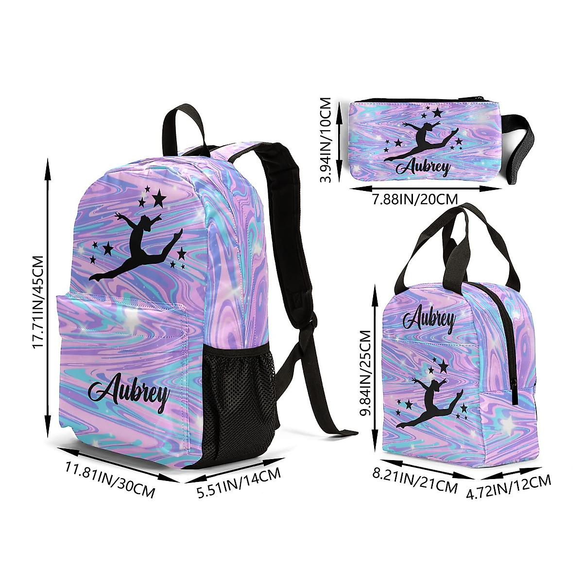 Gymnastic Marble Unicorn Abstract Personalized Backpack Set for Teen Boys Girls with Lunch Box & Pencil Pouch Bag Travel Backpack