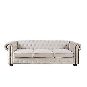 kevinplus 88.5'' Chesterfield Sofa Couch for Living Room, Classic Modern 3-Seat Upholstered Tufted Rolled Arm Sofa Couch for Apartment Bedroom Office, Solid Wood Leg, Linen Fabric, Beige