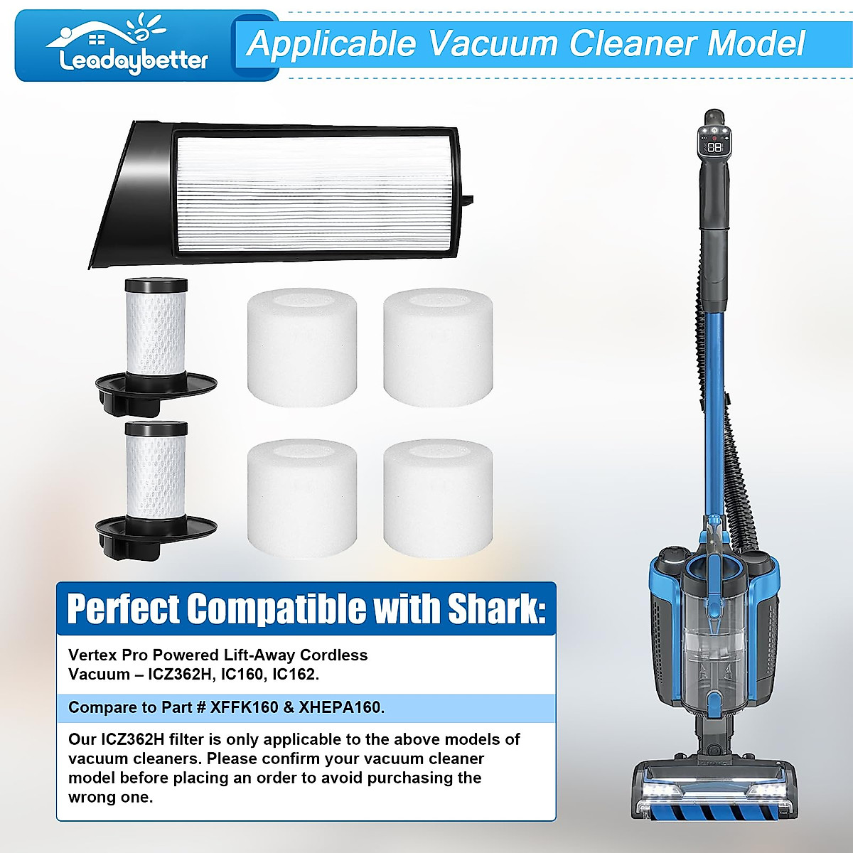 Leadaybetter ICZ362H Filter Replacement for Shark ICZ362H / IC160 / IC162 Vertex Pro Powered Lift-Away Cordless Vacuum, Part XFFK160 & XHEPA160, 4 Foam and 2 Round Filters, 1 HEPA Filter