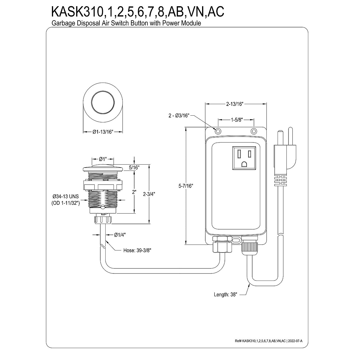 Kingston Brass KASK317 Trimscape Single Outlet Garbage Disposal Air Switch Kit, Brushed Brass