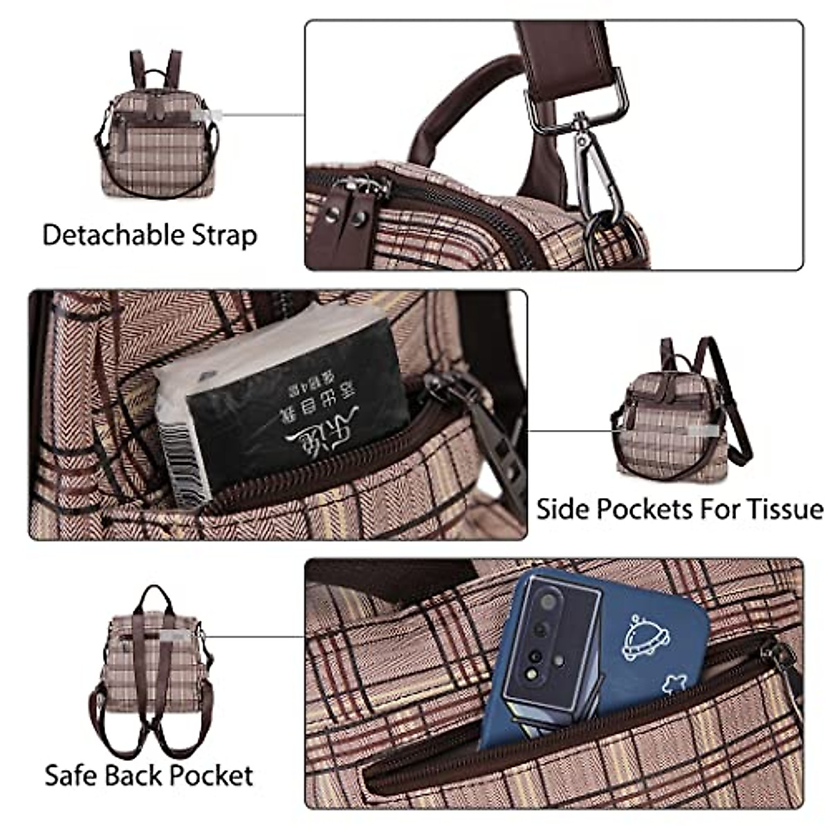 Backpack Purse for Women, Small Faux Leather Convertible Travel Daypack for Girls with Detachable Strap VONXURY