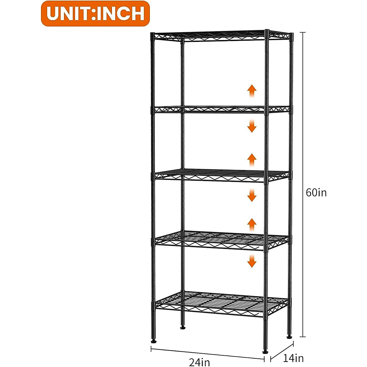 FLL Wire Shelving Unit 5-Tier NSF-Certified Heavy Duty Commercial Grade Metal Storage Shelves, 14" D x 24" L x 60" H Adjustable Wire Rack Shelving for Bathroom Kitchen Pantry Closet (Black)