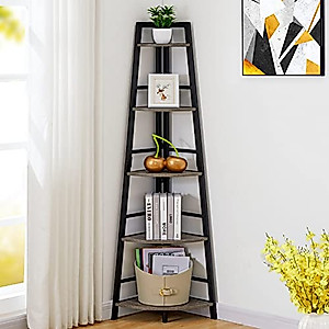 BON AUGURE Rustic Tall Corner Bookshelf, 5 Tier Wood and Black Metal Corner Ladder Shelf, Industrial Corner Bookcase and Gray Corner Shelf for Living Room, Bathroom, Kitchen (Dark Gray Oak)