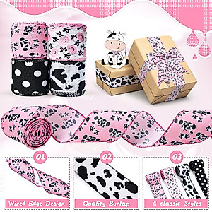 4 Rolls Cow Print Burlap Ribbons Wired Edge Black and White Striped Dot Wrapping Ribbons Pink Strawberry Cow Ribbons for DIY Crafts, Gift Decoration, Home Decor, Party Favor - 2.5 Inch by 24 Yard