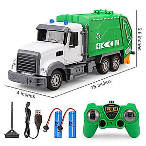 WEMOKA 2.4Ghz Remote Control Garbage Truck Toys, RC Trash Truck Toys for Boys with Trash Bin Real Lights, 1/24 Scale 6 Channel Rechargeable Recycling Truck Gift for Kids