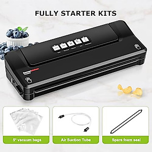 Bonsenkitchen Food Sealer Machine, Dry Vacuum Sealer Machine with 5-in-1 Easy Options for Sous Vide and Food Storage, Air Sealer Machine with 5 Vacuum Seal Bags & 1 Air Suction Hose, Black