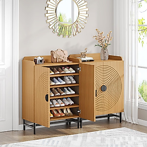 Tribesigns 6-Tier Shoe Cabinet with Doors, Shoe Storage Cabinet with Adjustable Shelves, Modern Wood Shoe Rack Shoe Storage Organizer for Entryway, Hallway (Brown & Black)